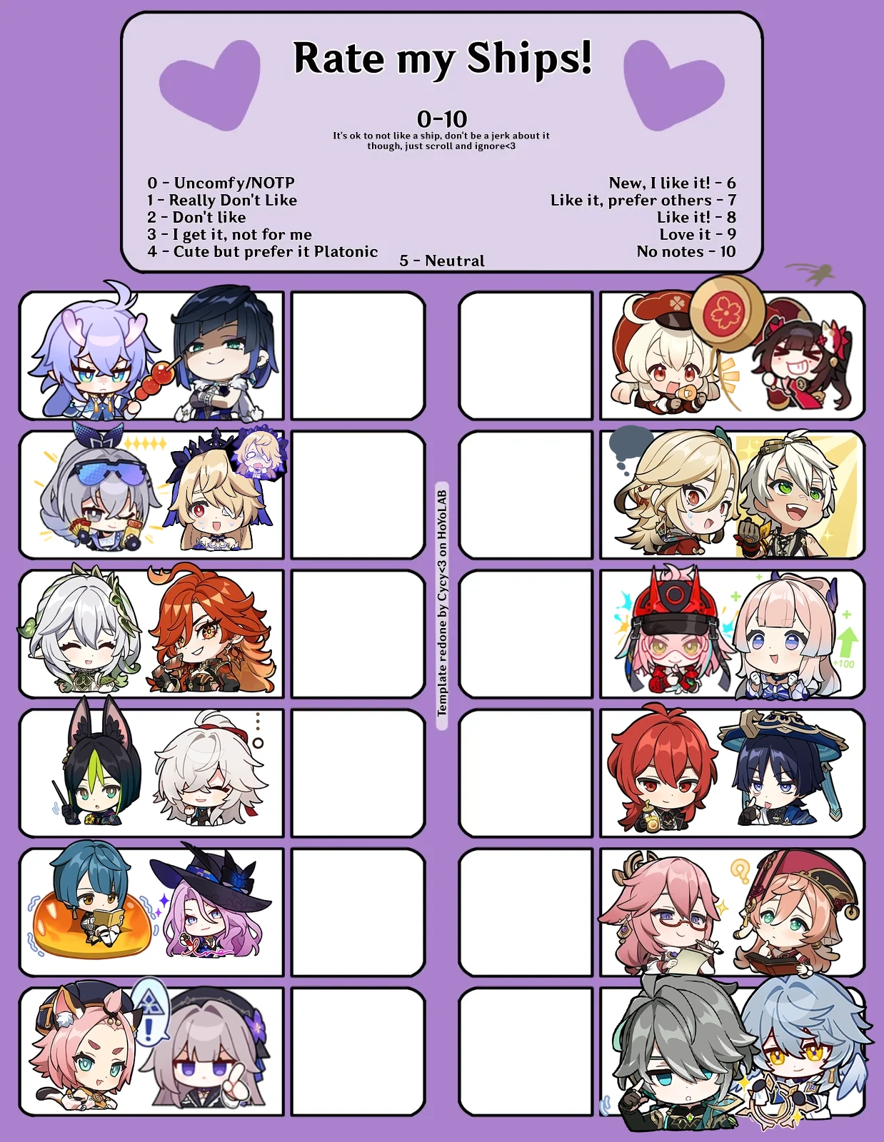 so I made another rate my ships thingy but I’m a cross-shipper so expect some HSR chars in it 🙃 ...