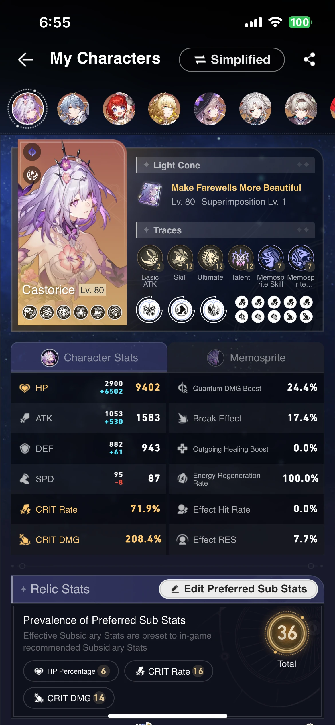 Current E6 castorice build Honkai: Star Rail | HoYoLAB