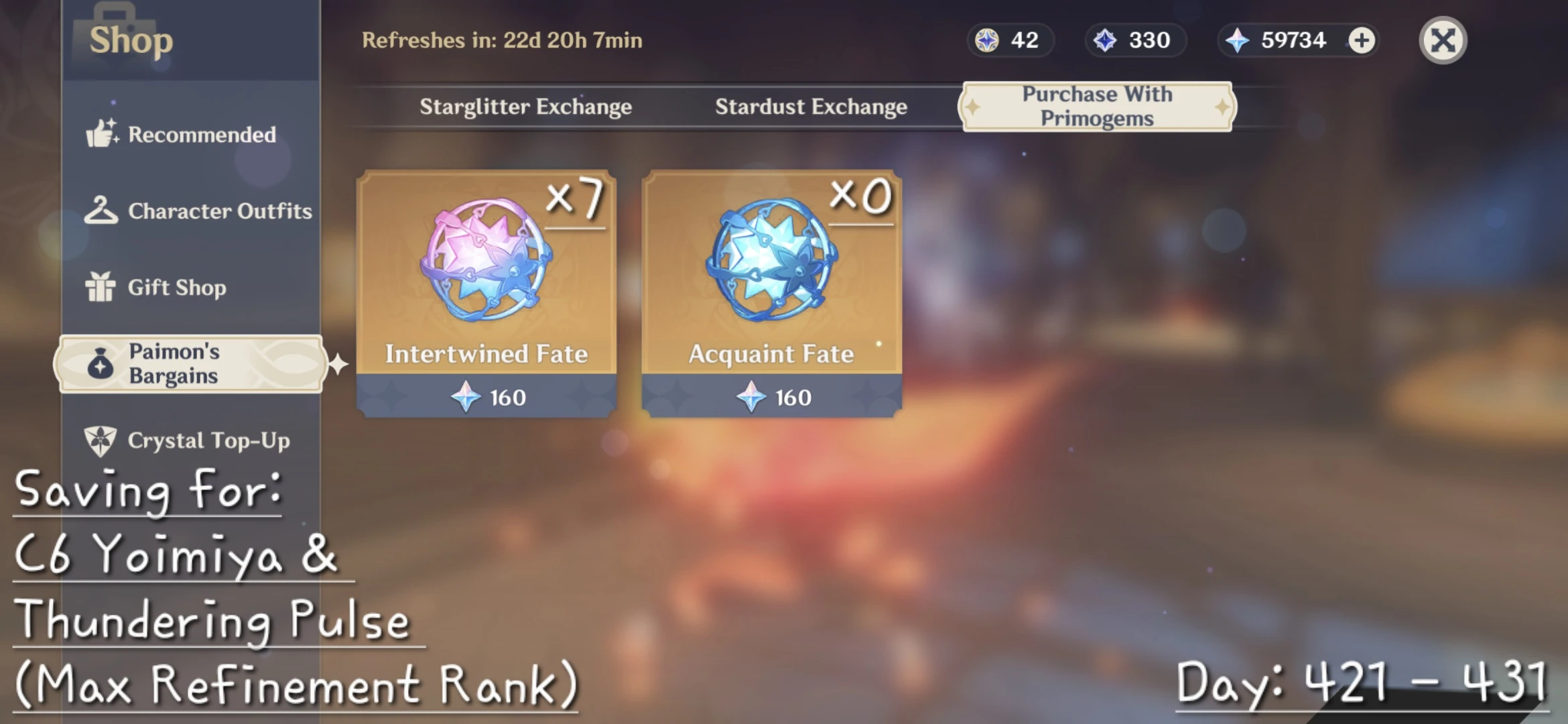 Saving for C6 Yoimiya & Thundering Pulse (Max Refinement Rank) Day: 421 ...