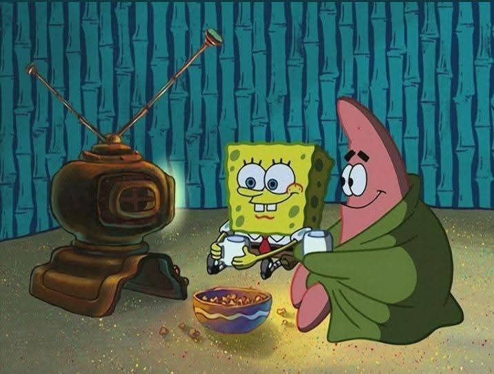 Spongebob and Patrick watching tv together and feel comfortable | HoYoLAB