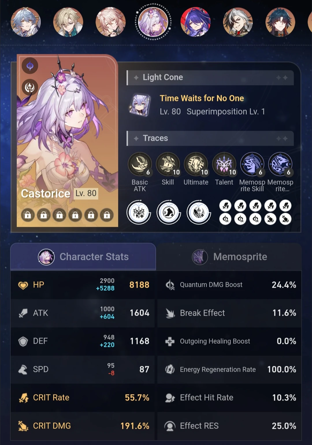 Current Castorice build.. Unfortunately I don't have a better lightcone ...