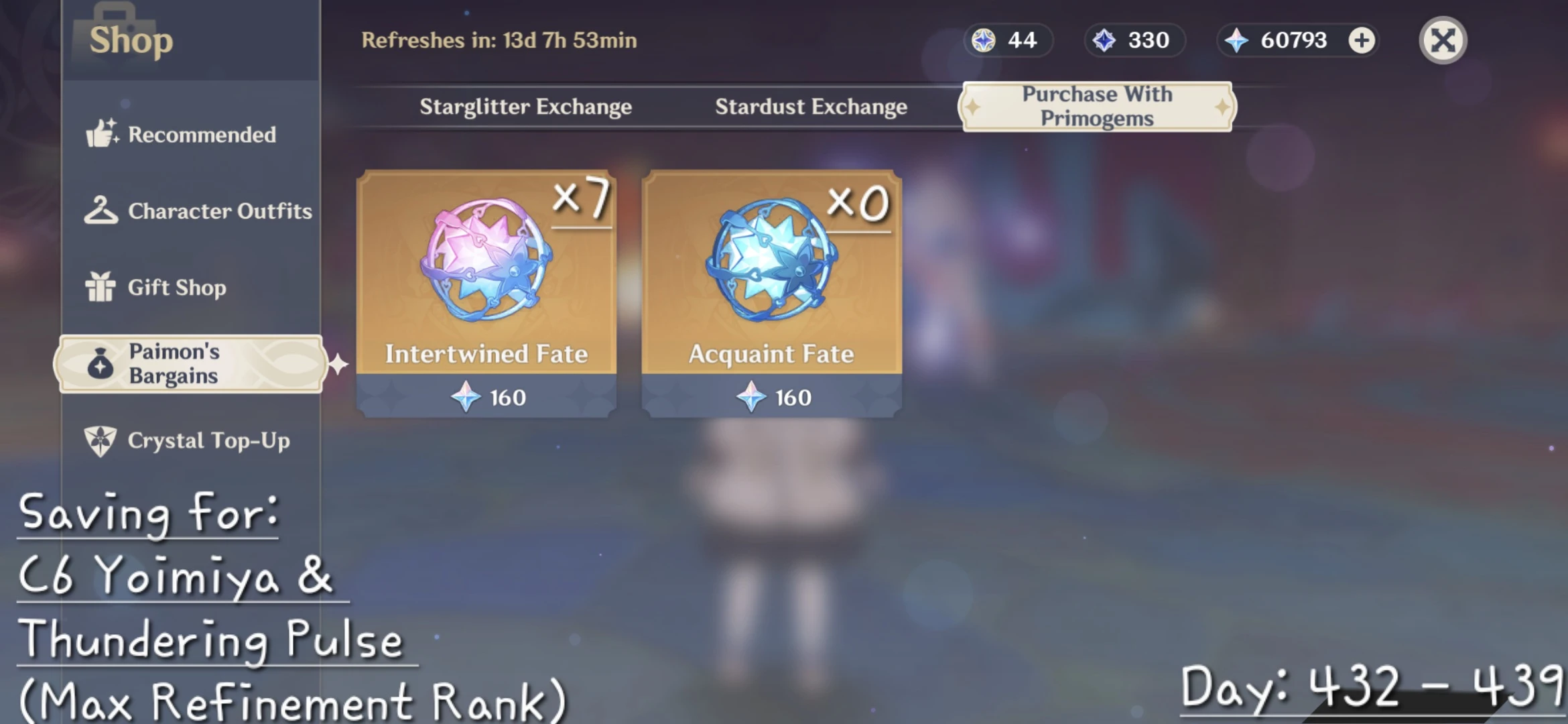 Saving for C6 Yoimiya & Thundering Pulse (Max Refinement Rank) Day: 432 ...