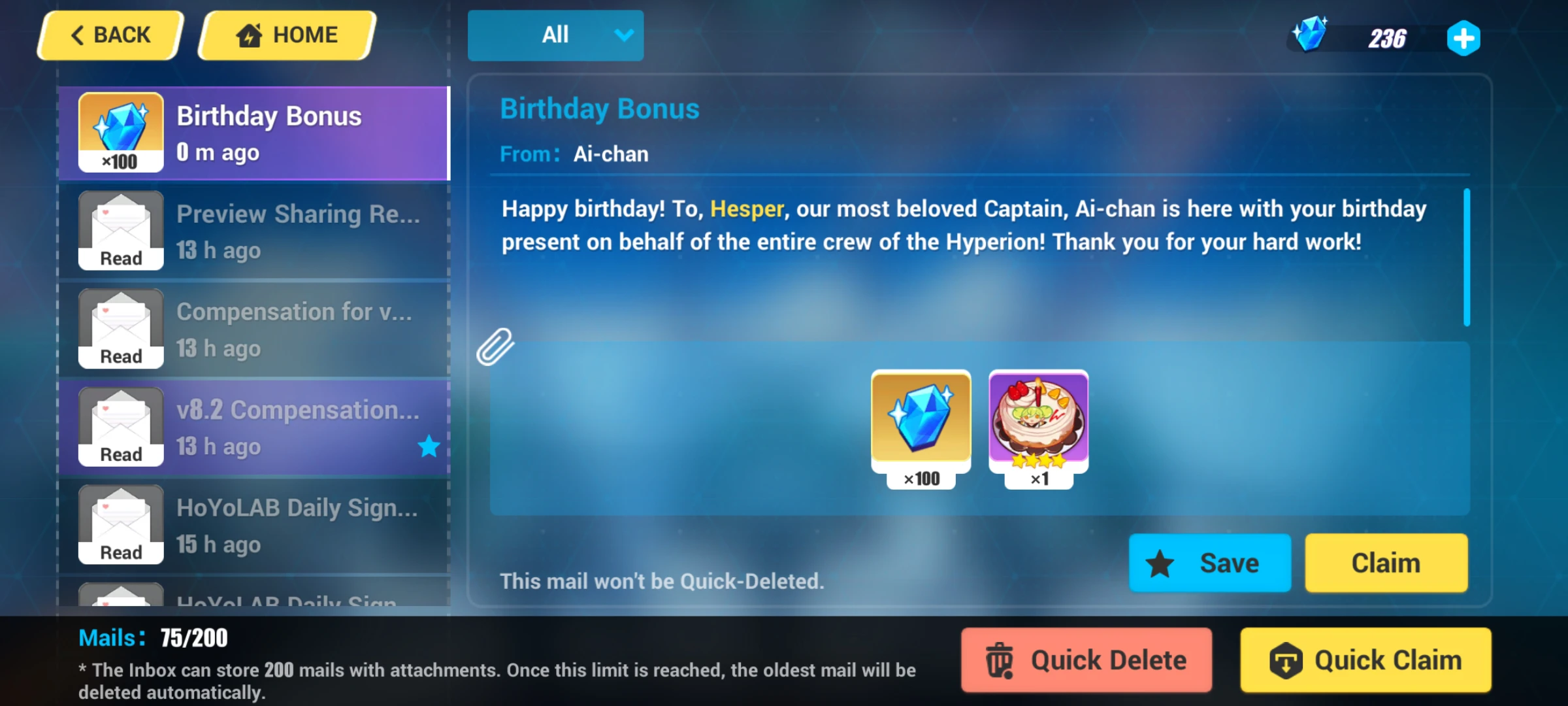 This is genuinely the only game which has wished me and given me rewards so far. Honkai Impact ...