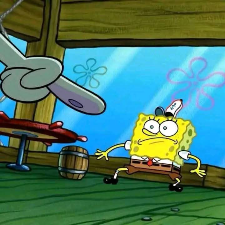 Squidward suspecting and pointing Spongebob | HoYoLAB