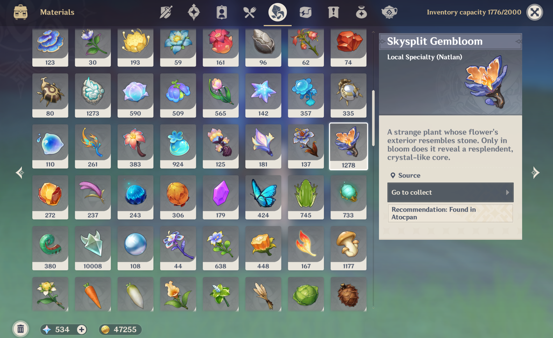 [Day 1] Collecting x9999 Skysplit Gemblooms for Skirk - 1278 / 9999 Genshin Impact | HoYoLAB