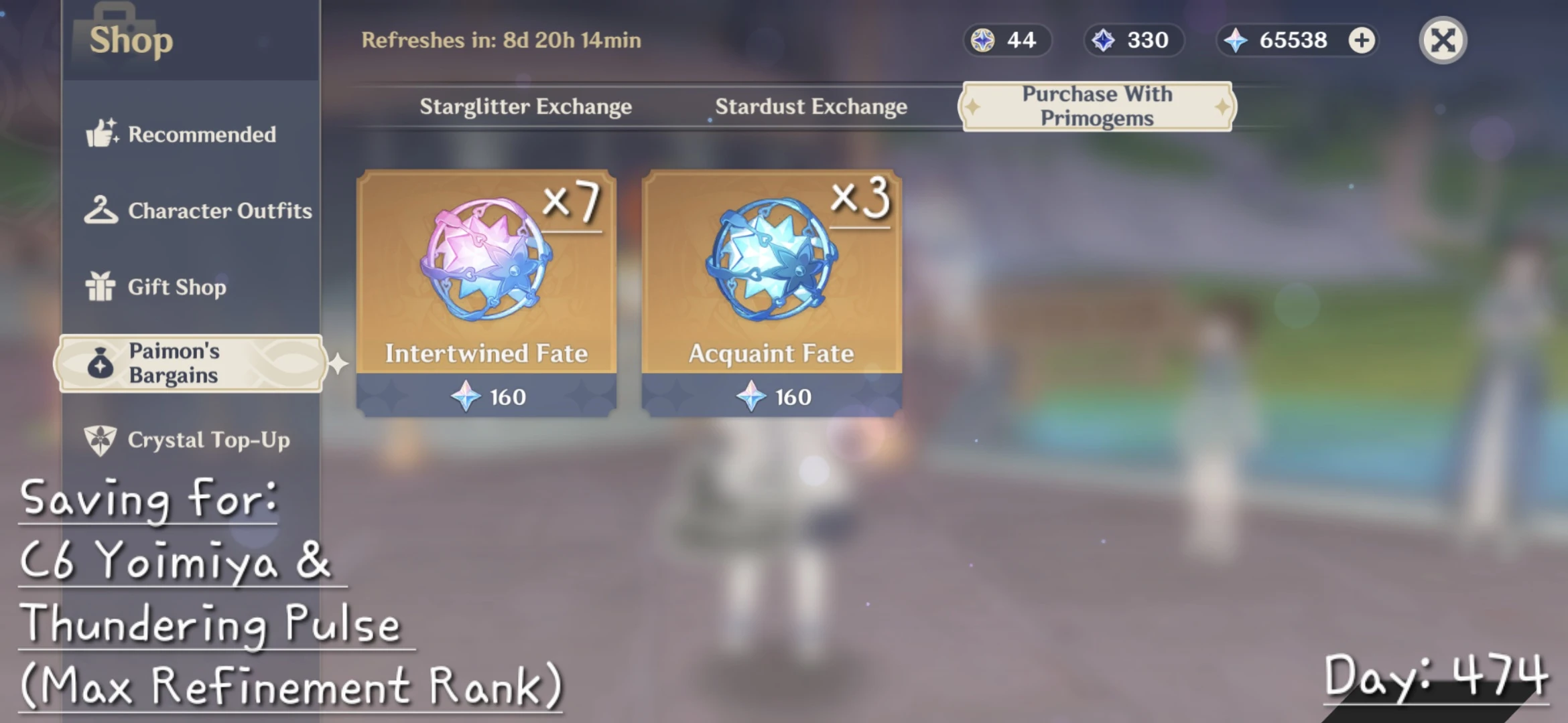 Saving for C6 Yoimiya & Thundering Pulse (Max Refinement Rank) Day: 474 ...