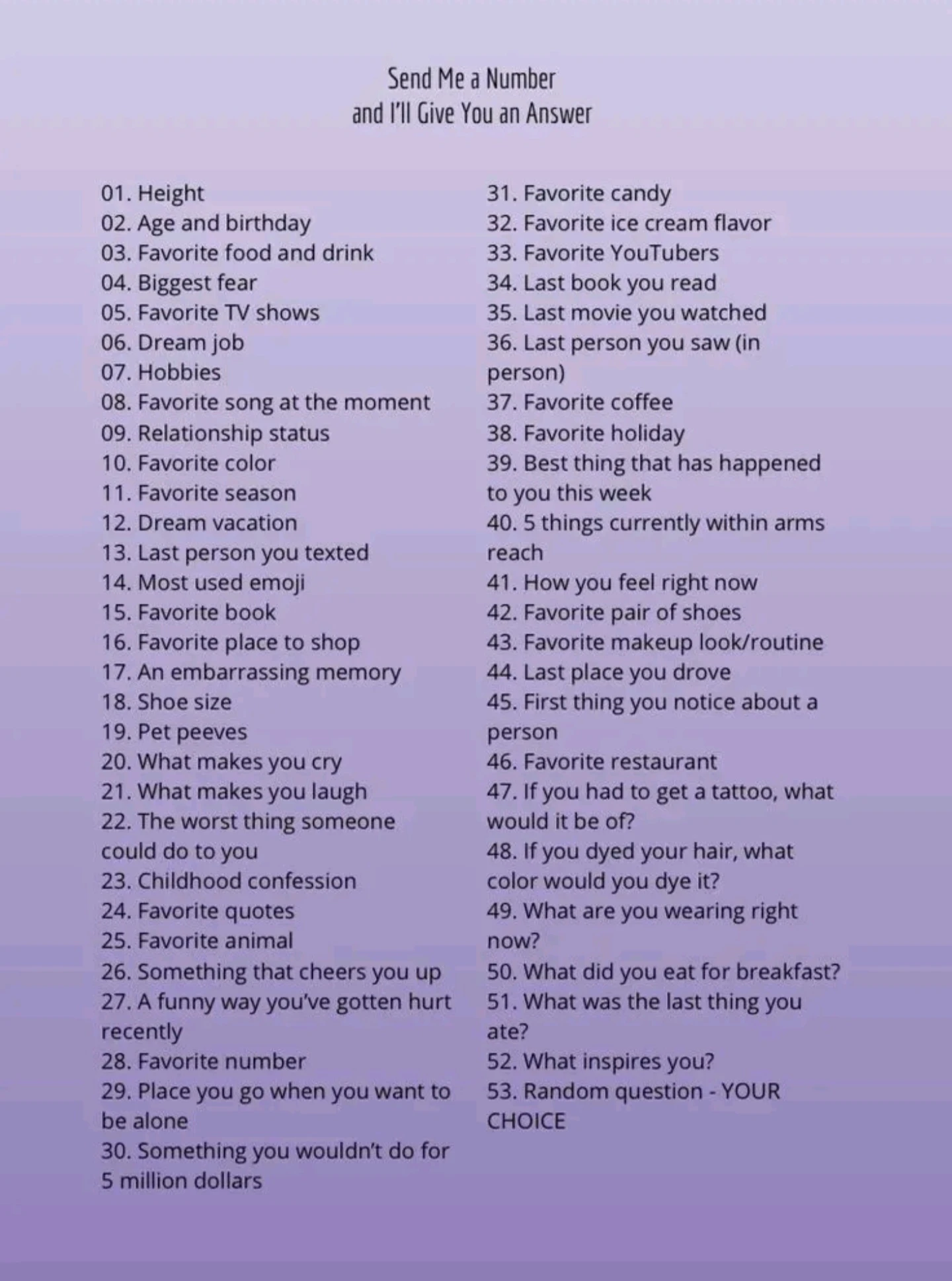 I'm soooo bored right now. Give me a number and I will try to answer as ...