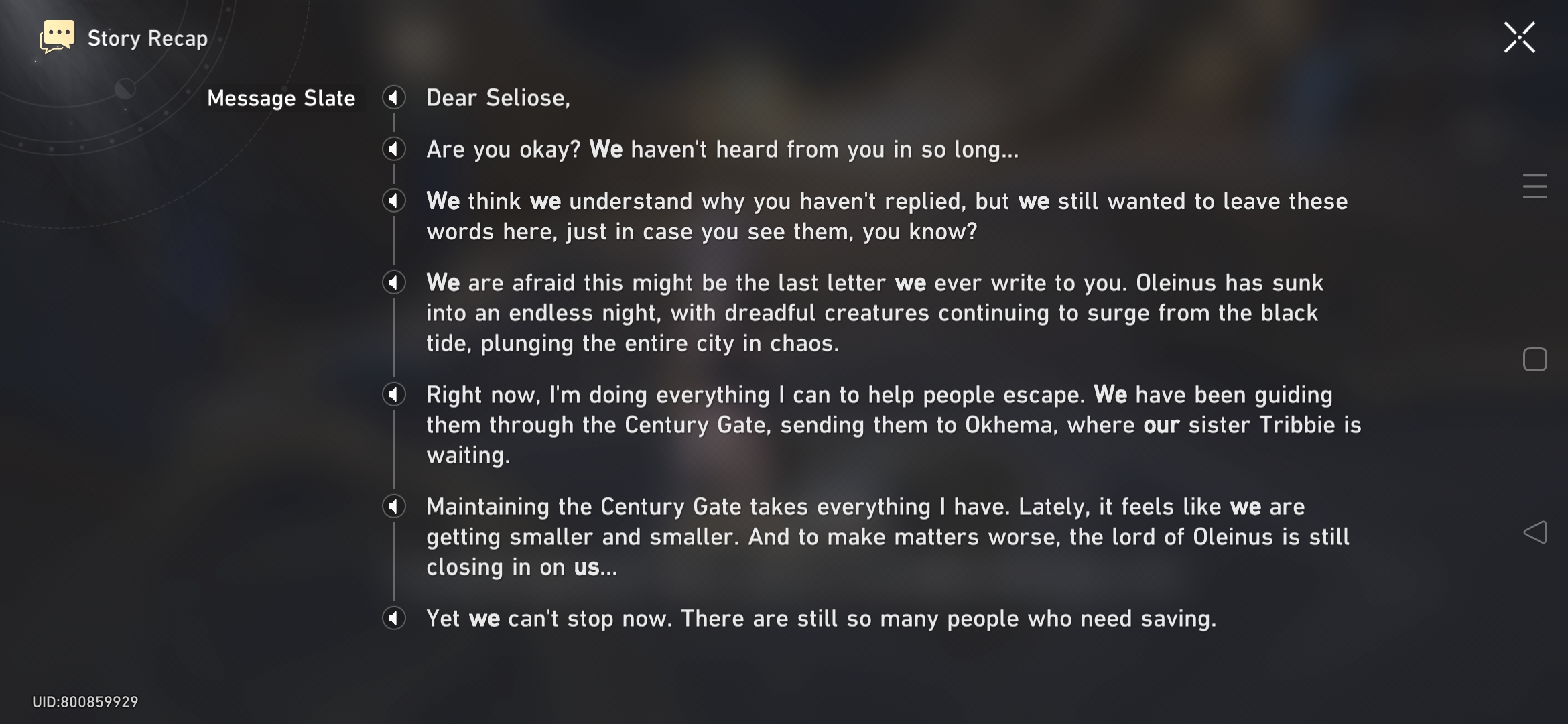 Trissha (one of Tribios)'s letter to Seliose (the one who merged with ...