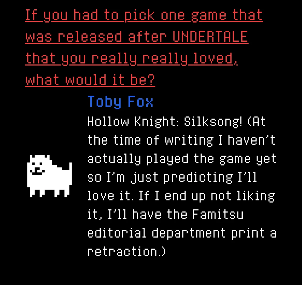 TOBY FOX MENTIONED SILKSONG IN AN UNDERTALE 10TH ANNIVERSARY INTERVIEW | HoYoLAB