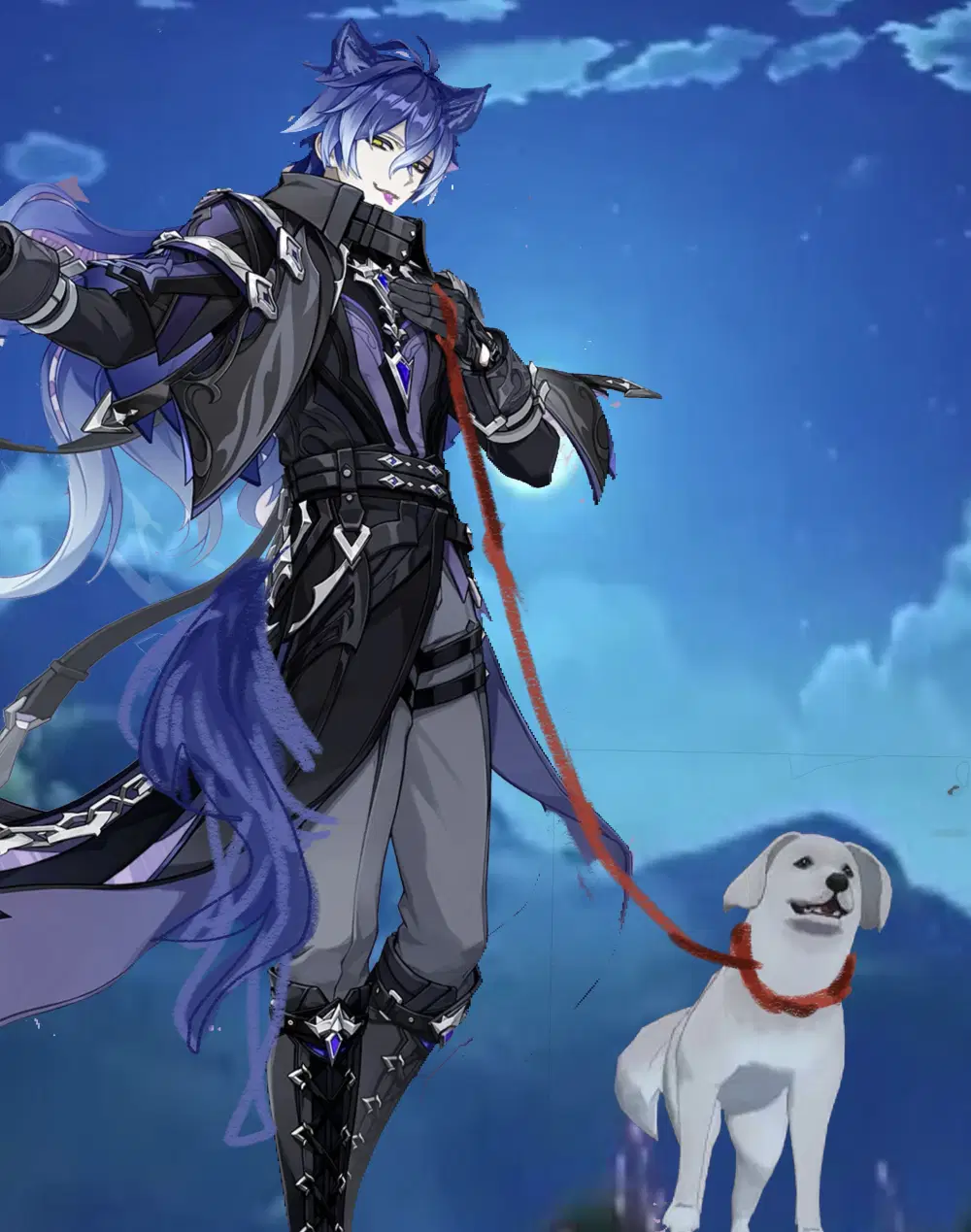 anime dog boy on leash